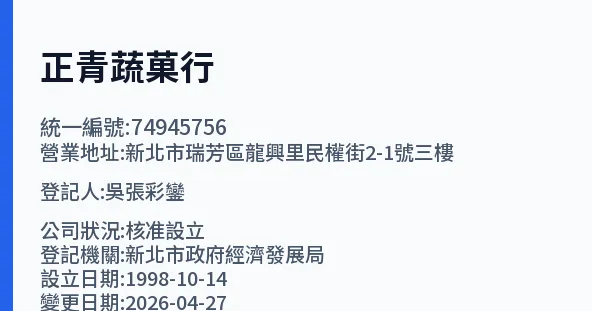 正青蔬菓行的照片-統編 74945756(新北市) 公司登記資料與營業項目詳細圖表