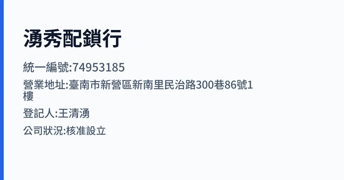 湧秀配鎖行 - 統編 74953185(臺南市) 公司登記資料與營業項目詳細圖表