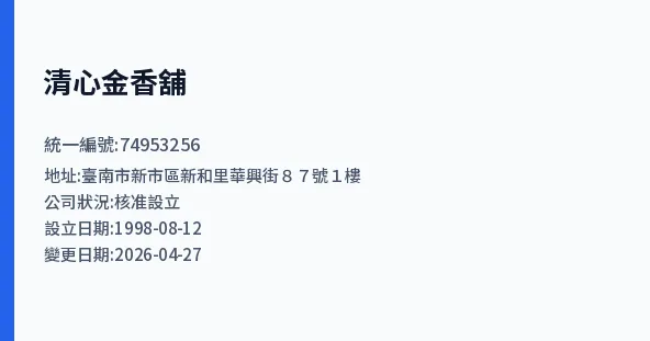 清心金香舖的照片-統編 74953256(臺南市) 公司登記資料與營業項目詳細圖表