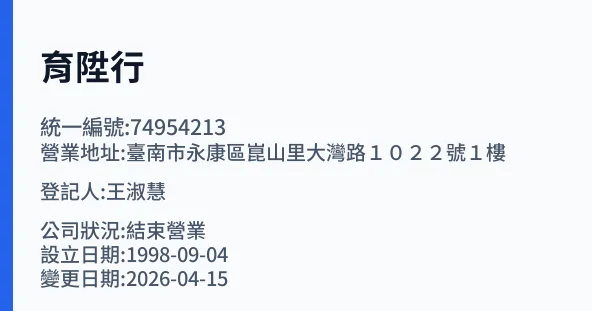 育陞行的照片-統編 74954213(臺南市) 公司登記資料與營業項目詳細圖表