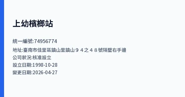 上幼檳榔站的照片-統編 74956774(臺南市) 公司登記資料與營業項目詳細圖表