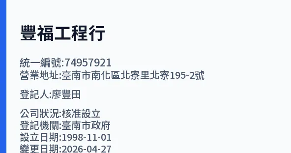 豐福工程行的照片-統編 74957921(臺南市) 公司登記資料與營業項目詳細圖表