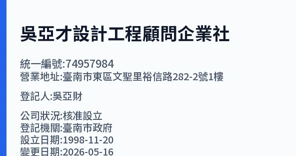 吳亞才設計工程顧問企業社的照片-統編 74957984(臺南市) 公司登記資料與營業項目詳細圖表
