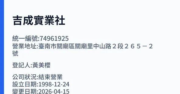 吉成實業社的照片-統編 74961925(臺南市) 公司登記資料與營業項目詳細圖表