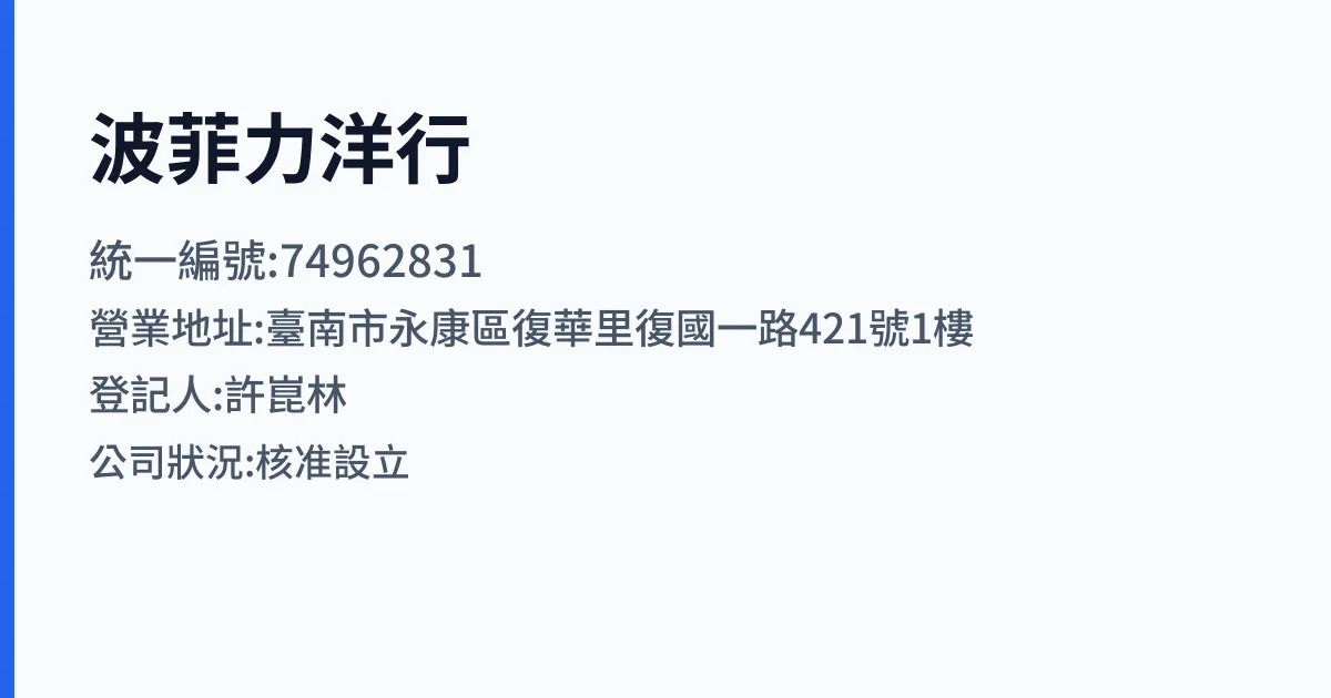 波菲力洋行 - 統編 74962831（臺南市） 公司登記資料與營業項目詳細圖表