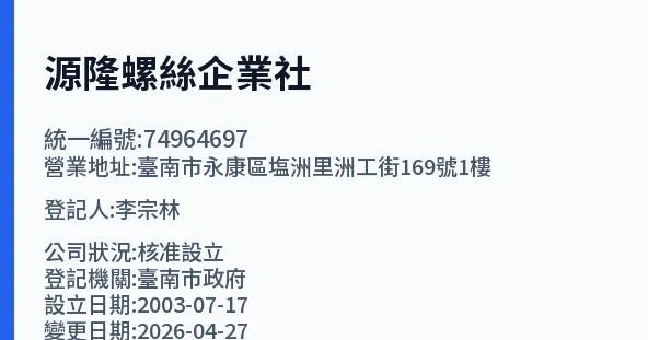 源隆螺絲企業社的照片-統編 74964697(臺南市) 公司登記資料與營業項目詳細圖表