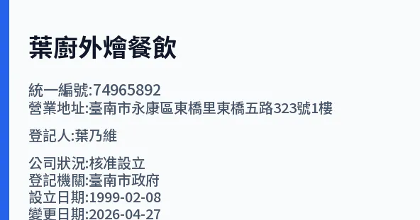 葉廚外燴餐飲的照片-統編 74965892(臺南市) 公司登記資料與營業項目詳細圖表