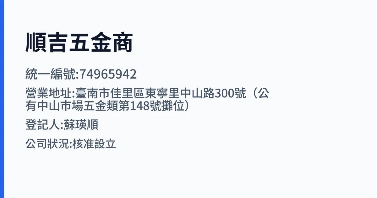 順吉五金商 - 統編 74965942(臺南市) 公司登記資料與營業項目詳細圖表