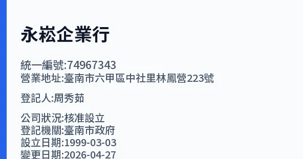永崧企業行的照片-統編 74967343(臺南市) 公司登記資料與營業項目詳細圖表
