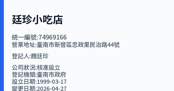 廷珍小吃店的照片-統編 74969166(臺南市) 公司登記資料與營業項目詳細圖表