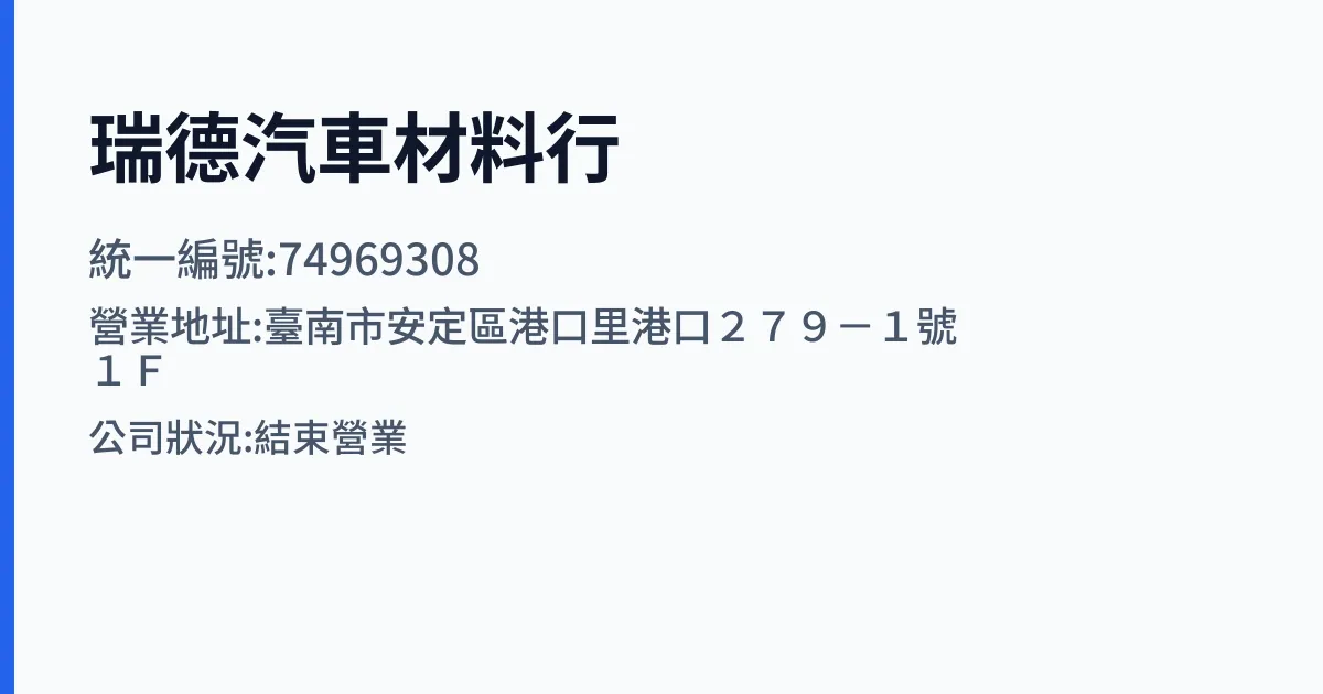 瑞德汽車材料行 - 統編 74969308(臺南市) 公司登記資料與營業項目詳細圖表