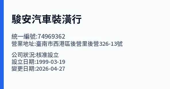駿安汽車裝潢行的照片-統編 74969362(臺南市) 公司登記資料與營業項目詳細圖表