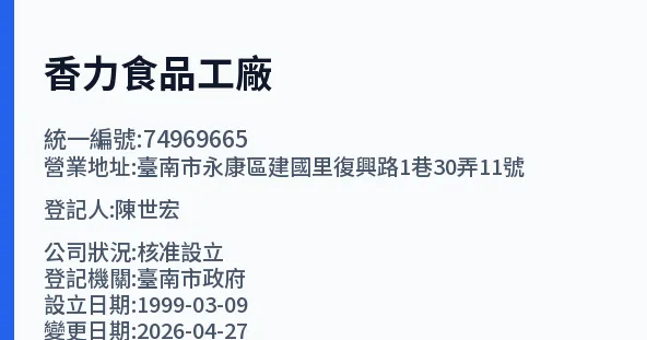 香力食品工廠的照片-統編 74969665(臺南市) 公司登記資料與營業項目詳細圖表