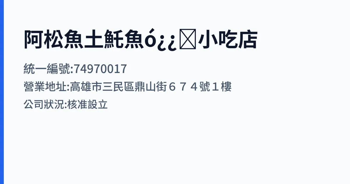 阿松魚土魠魚小吃店 - 統編 74970017(高雄市) 公司登記資料與營業項目詳細圖表