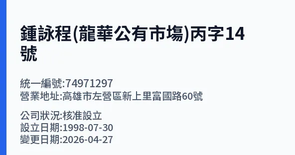 鍾詠程(龍華公有市塲)丙字14號的照片-統編 74971297(高雄市) 公司登記資料與營業項目詳細圖表