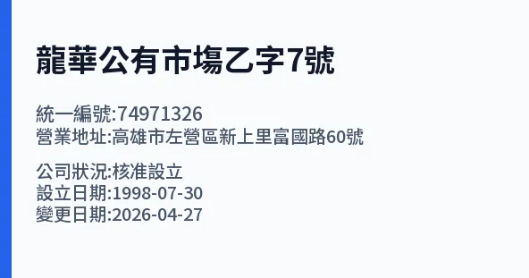 龍華公有市塲乙字7號的照片-統編 74971326(高雄市) 公司登記資料與營業項目詳細圖表