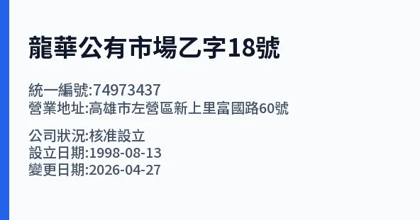 龍華公有市場乙字18號的照片-統編 74973437(高雄市) 公司登記資料與營業項目詳細圖表