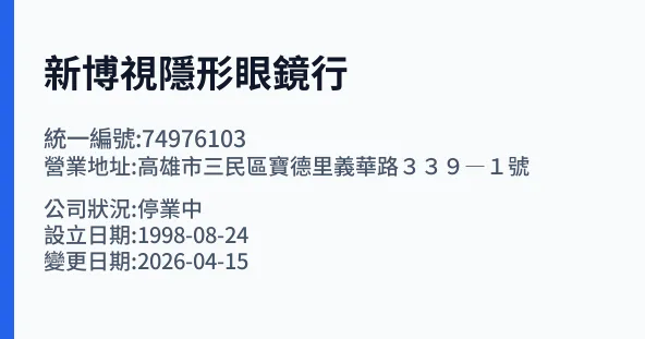 新博視隱形眼鏡行的照片-統編 74976103(高雄市) 公司登記資料與營業項目詳細圖表