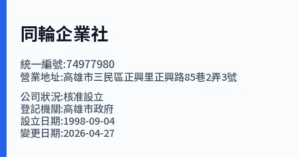 同輪企業社的照片-統編 74977980(高雄市) 公司登記資料與營業項目詳細圖表