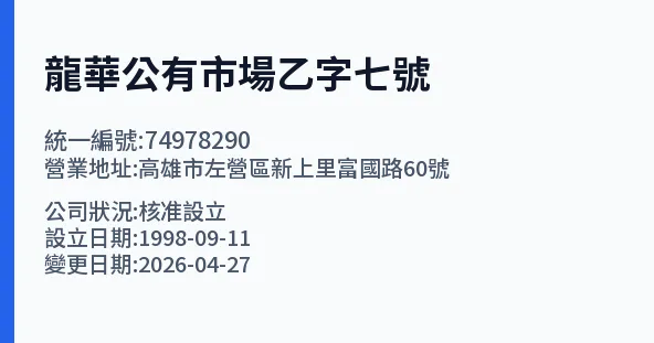 龍華公有市場乙字七號的照片-統編 74978290(高雄市) 公司登記資料與營業項目詳細圖表