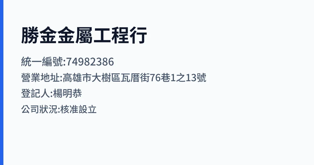 勝金金屬工程行 - 統編 74982386(高雄市) 公司登記資料與營業項目詳細圖表