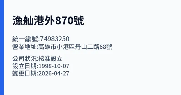 漁舢港外870號的照片-統編 74983250(高雄市) 公司登記資料與營業項目詳細圖表