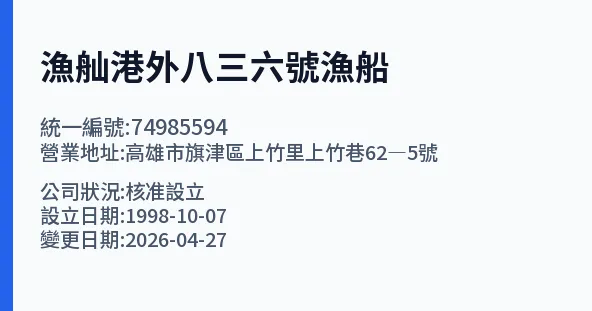 漁舢港外八三六號漁船的照片-統編 74985594(高雄市) 公司登記資料與營業項目詳細圖表