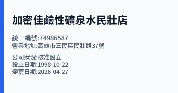 加密佳鹼性礦泉水民壯店的照片-統編 74986587(高雄市) 公司登記資料與營業項目詳細圖表