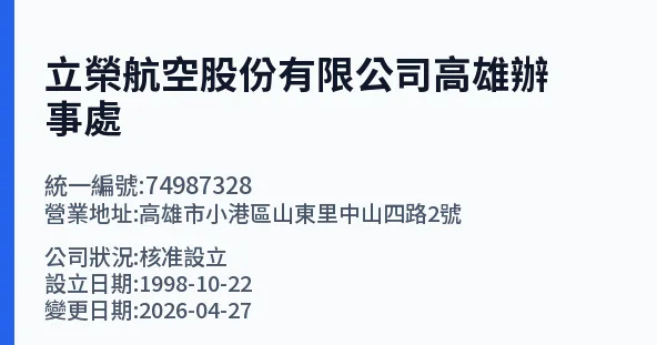 立榮航空股份有限公司高雄辦事處的照片-統編 74987328(高雄市) 公司登記資料與營業項目詳細圖表