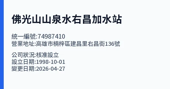 佛光山山泉水右昌加水站的照片-統編 74987410(高雄市) 公司登記資料與營業項目詳細圖表