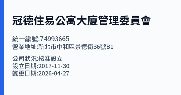 冠德住易公寓大廈管理委員會的照片-統編 74993665(新北市) 公司登記資料與營業項目詳細圖表