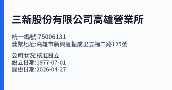 三新股份有限公司高雄營業所的照片-統編 75006131(高雄市) 公司登記資料與營業項目詳細圖表