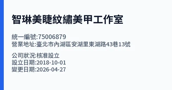 智琳美睫紋繡美甲工作室的照片-統編 75006879(臺北市) 公司登記資料與營業項目詳細圖表