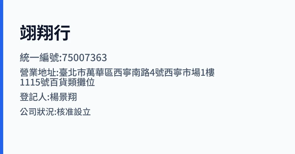 翊翔行 - 統編 75007363(臺北市) 公司登記資料與營業項目詳細圖表