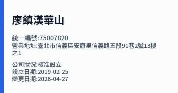 廖鎮漢華山的照片-統編 75007820(臺北市) 公司登記資料與營業項目詳細圖表