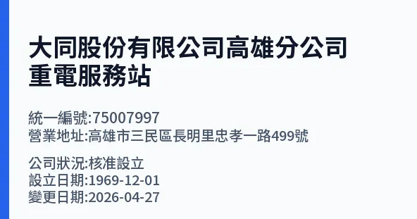 大同股份有限公司高雄分公司重電服務站的照片-統編 75007997(高雄市) 公司登記資料與營業項目詳細圖表