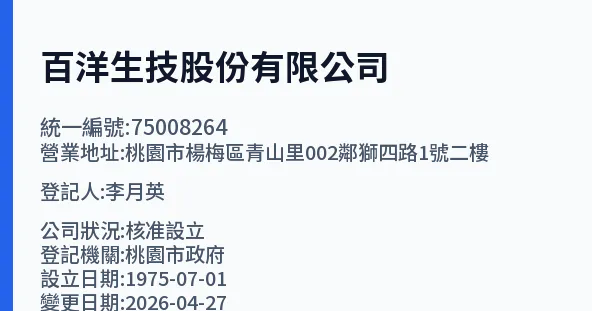 百洋生技股份有限公司的照片-統編 75008264(桃園市) 公司登記資料與營業項目詳細圖表