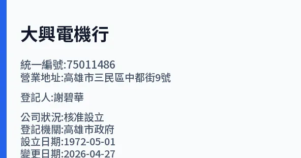 大興電機行的照片-統編 75011486(高雄市) 公司登記資料與營業項目詳細圖表