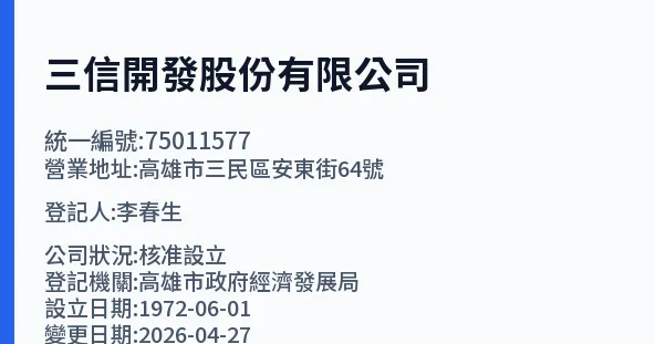 三信開發股份有限公司的照片-統編 75011577(高雄市) 公司登記資料與營業項目詳細圖表