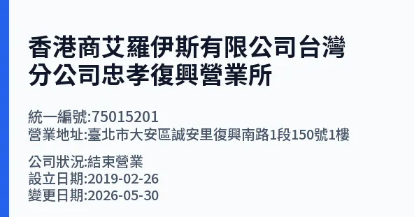 香港商艾羅伊斯有限公司台灣分公司忠孝復興營業所的照片-統編 75015201(臺北市) 公司登記資料與營業項目詳細圖表