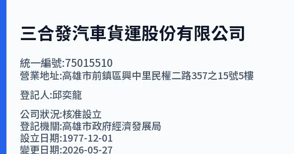 三合發汽車貨運股份有限公司的照片-統編 75015510(高雄市) 公司登記資料與營業項目詳細圖表