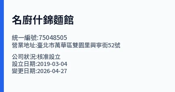名廚什錦麵館的照片-統編 75048505(臺北市) 公司登記資料與營業項目詳細圖表