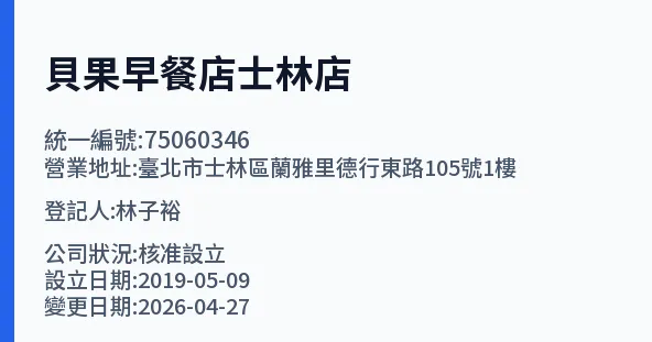 貝果早餐店士林店的照片-統編 75060346(臺北市) 公司登記資料與營業項目詳細圖表