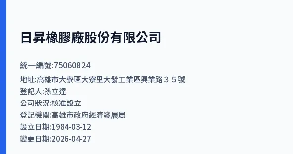 日昇橡膠廠股份有限公司的照片-統編 75060824(高雄市) 公司登記資料與營業項目詳細圖表
