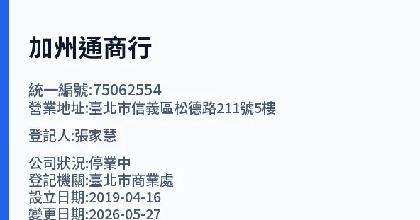 加州通商行的照片-統編 75062554(臺北市) 公司登記資料與營業項目詳細圖表