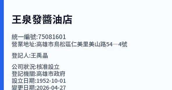 王泉發醬油店的照片-統編 75081601(高雄市) 公司登記資料與營業項目詳細圖表