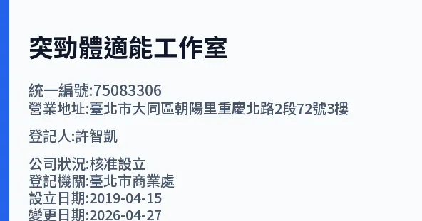 突勁體適能工作室的照片-統編 75083306(臺北市) 公司登記資料與營業項目詳細圖表