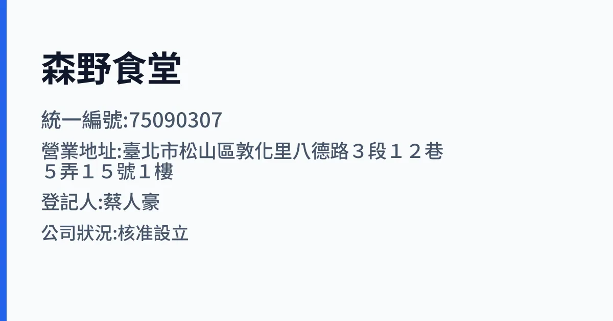 森野食堂 - 統編 75090307(臺北市) 公司登記資料與營業項目詳細圖表