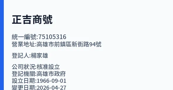 正吉商號的照片-統編 75105316(高雄市) 公司登記資料與營業項目詳細圖表