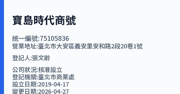 寶島時代商號的照片-統編 75105836(臺北市) 公司登記資料與營業項目詳細圖表